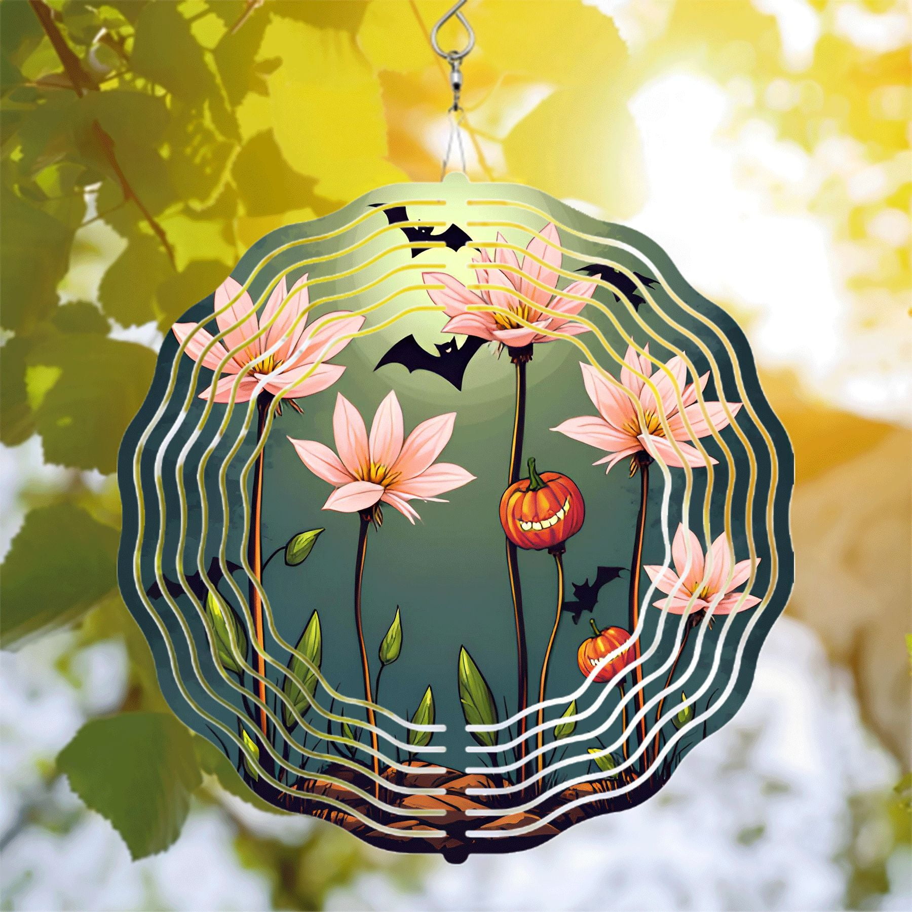 Halloween-Themed Metal Hanging Wind Spinners with Concentric Ripple Design Pink Flowers Bats ...