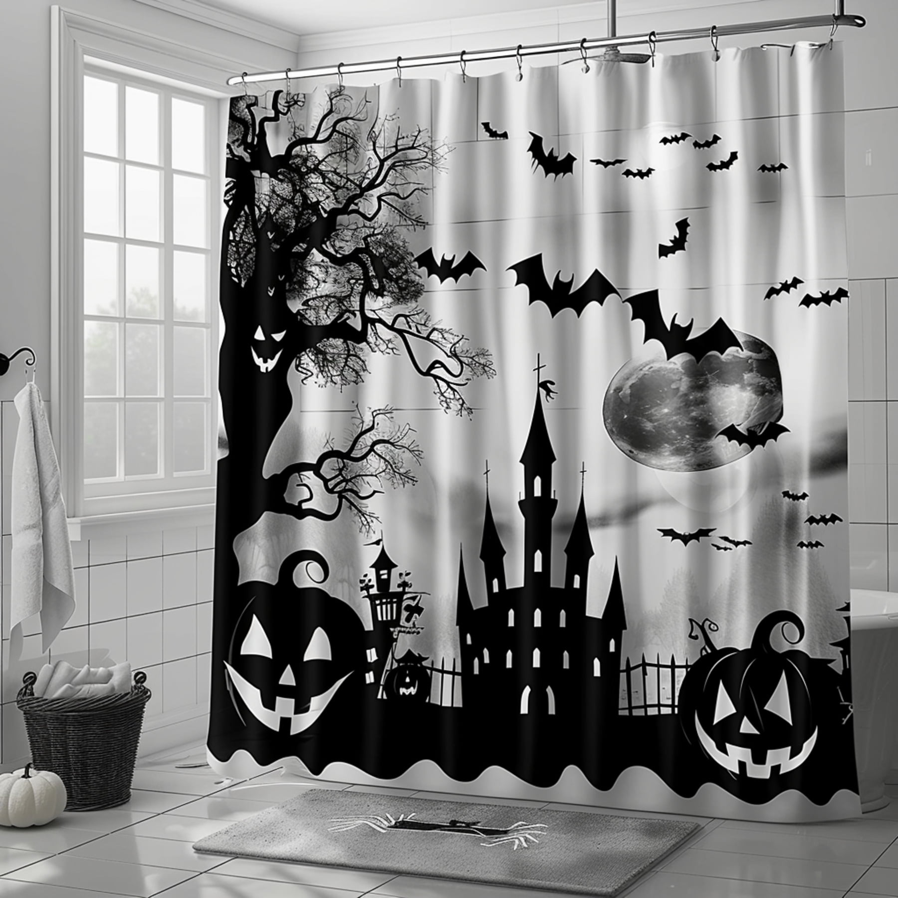 Halloween Themed Shower Curtain Haunted House Design With Spooky Trees