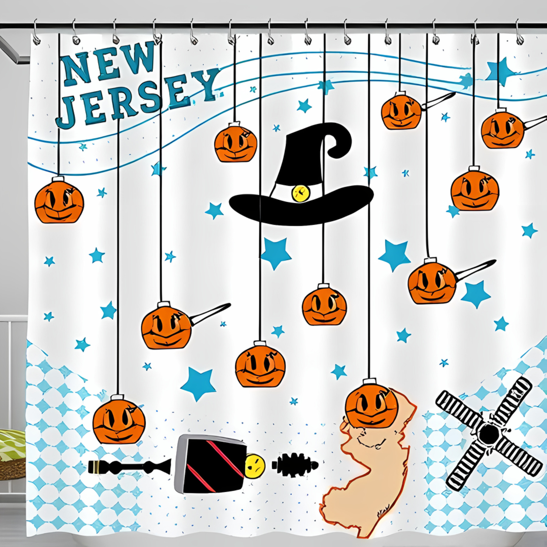 Halloween Themed Shower Curtain with Witch Hat Smiling Lanterns New ...