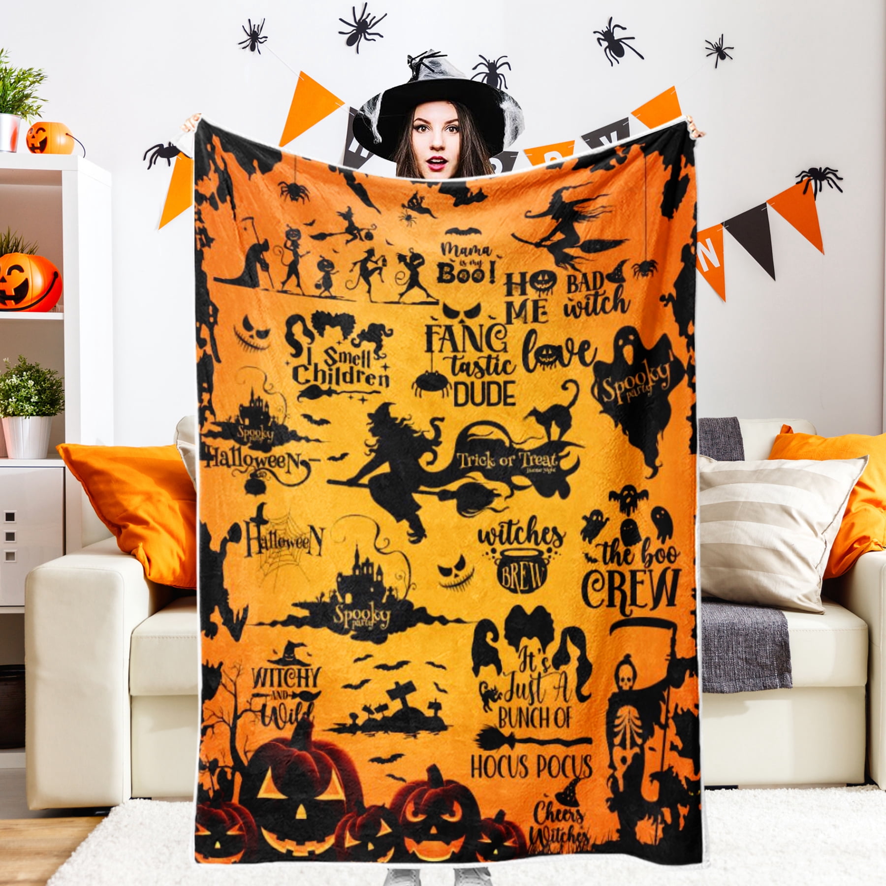 Halloween Throw Blanket, Horror Pumpkin Skull Witch Ghost Spider ...