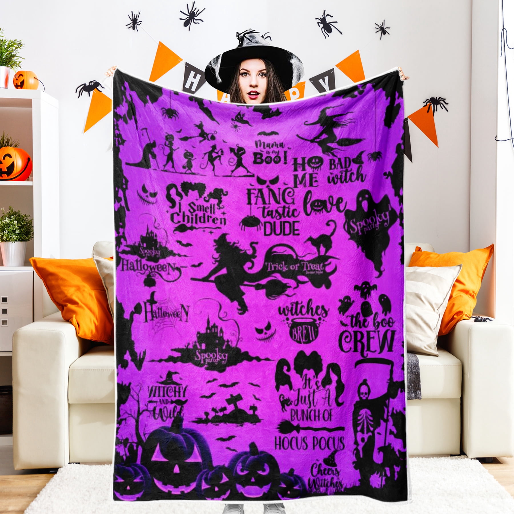 Halloween Throw Blanket, Horror Pumpkin Skull Witch Ghost Spider ...