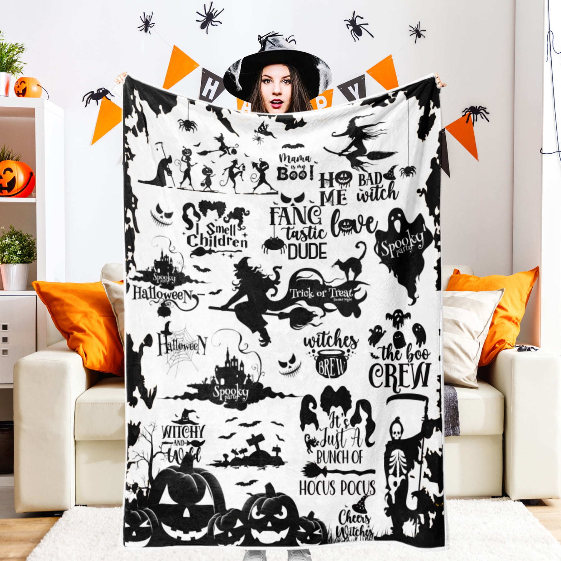 Halloween Throw Blanket, Horror Pumpkin Skull Witch Ghost Spider ...