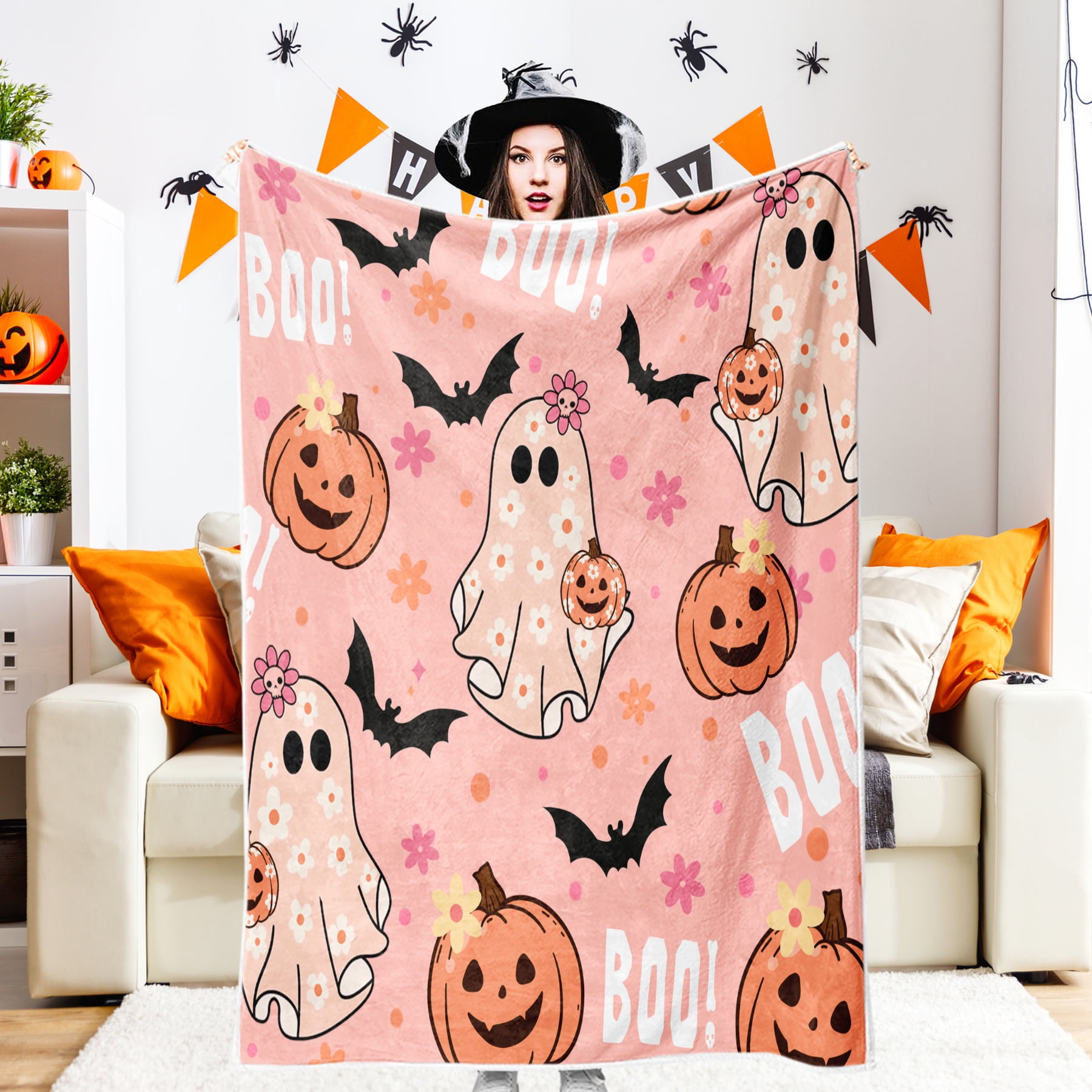 Halloween Throw Blanket, Pink Cute Spooky Ghost Pumpkin Bat Cozy Soft ...