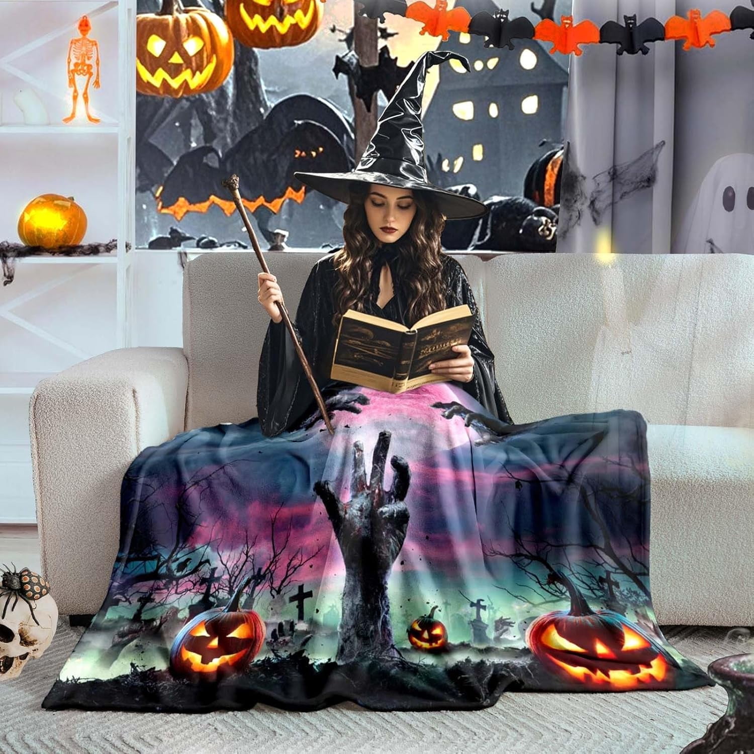Halloween Throw Blanket Pumpkins Spooky Hands Scary Tombstones Throw ...