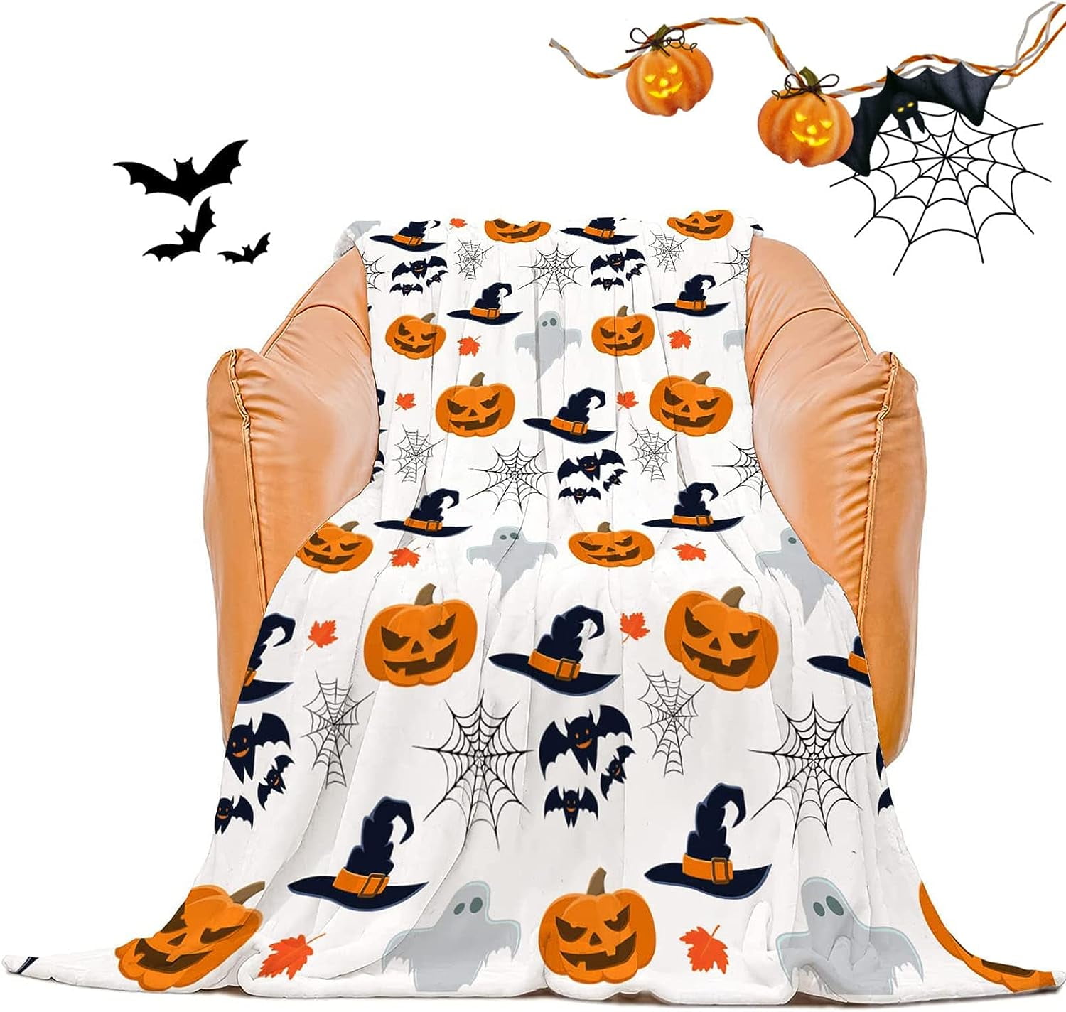 Halloween Throw Blanket Spider Webs Black Bats and Witch Hats Decorated ...