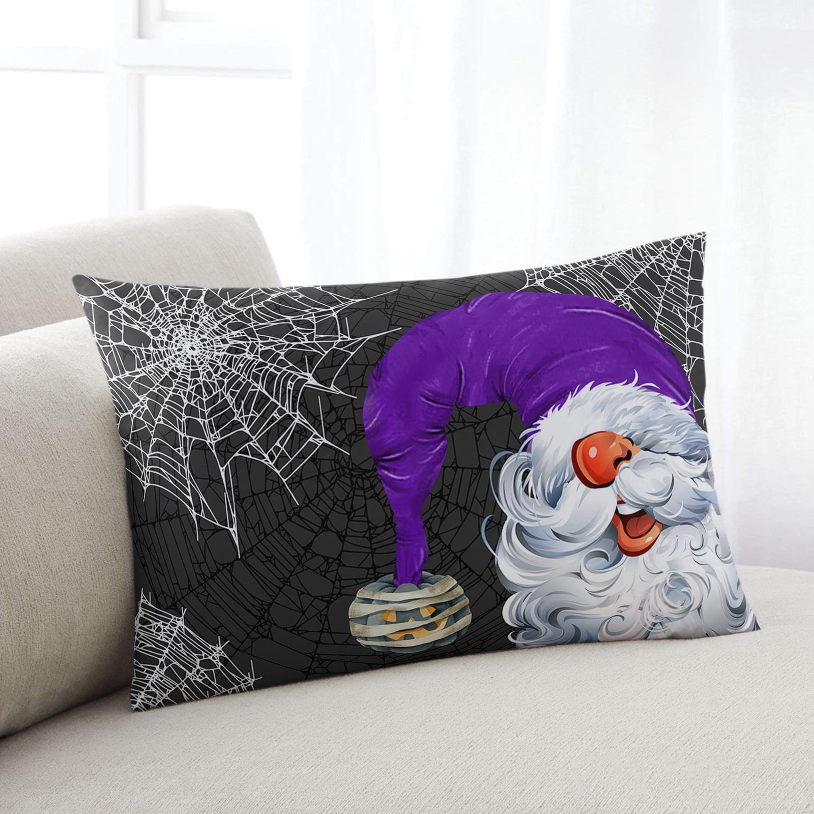 Halloween Throw Pillow Cover, Gnomes with Purple Hat Black Rectangle ...