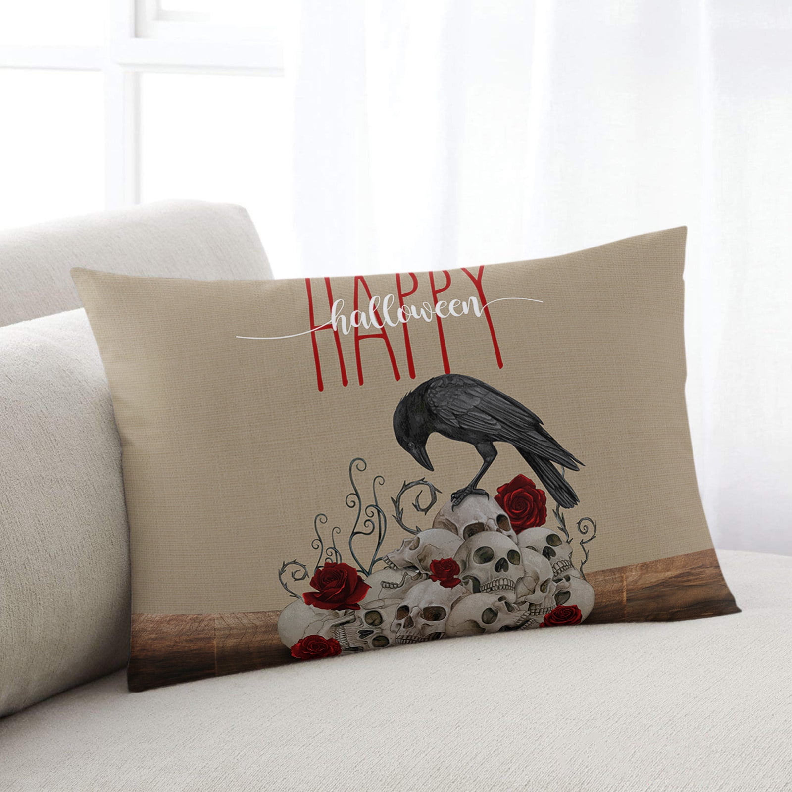 Halloween Throw Pillow Cover, Skeleton Crow Red Rose Vinatge Texture ...