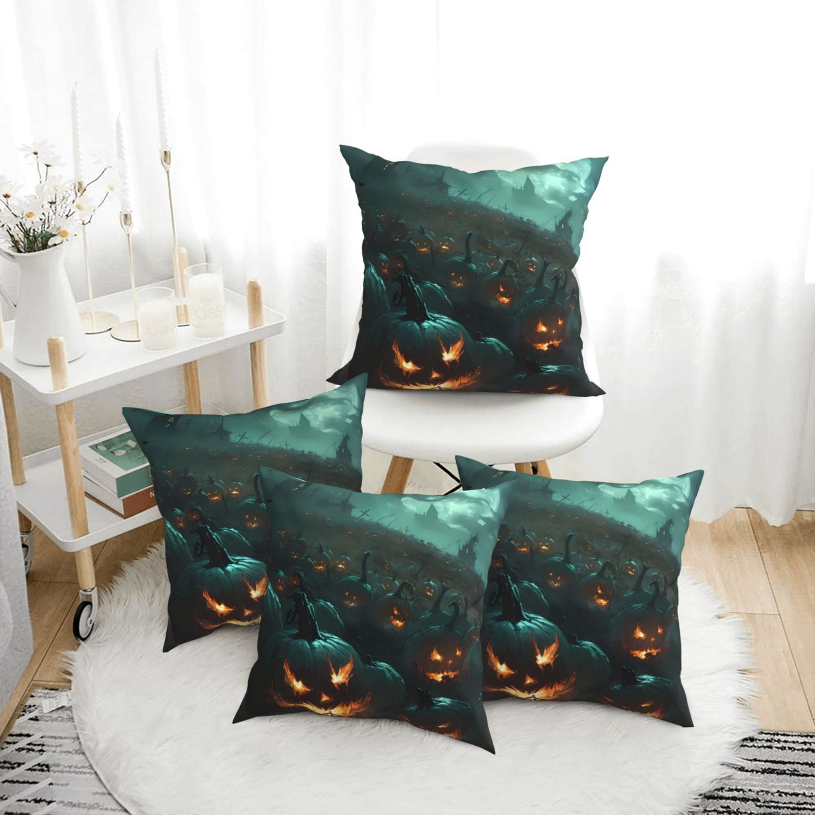 Halloween Throw Pillow Covers, Halloween Night Sky Pumpkin Field Square ...