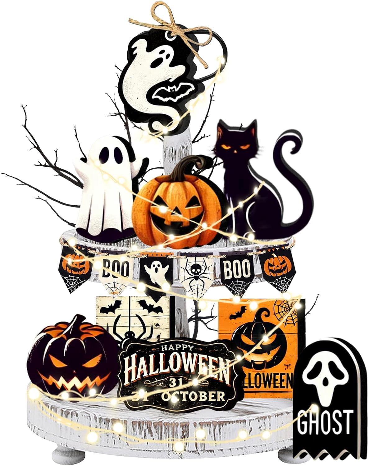 Halloween Tiered Tray Decorations Set - Pumpkin Ghost Black Cat ...