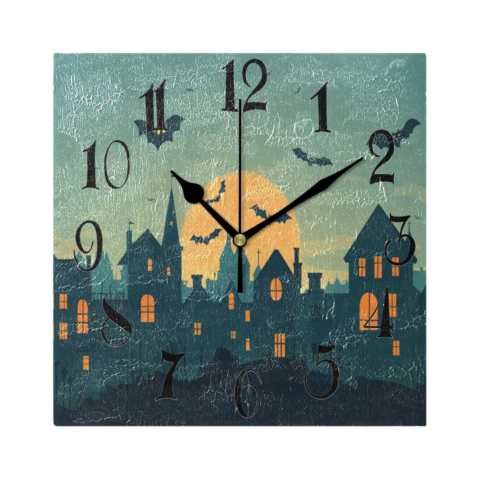 Halloween Towns Wall Clock Decorative Square Silent Non-Ticking ...