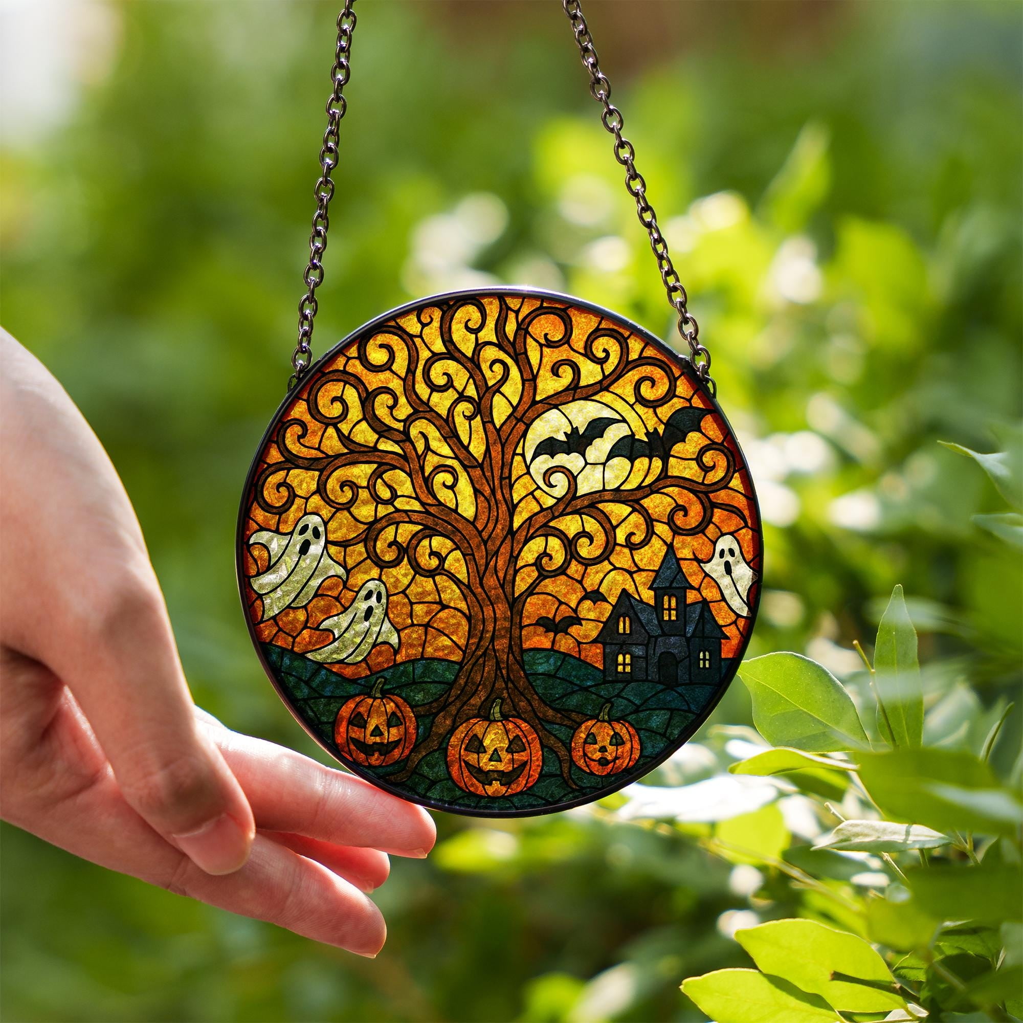 Halloween Tree of Life Suncatcher Glass Ghost & Pumpkin Window Decor ...