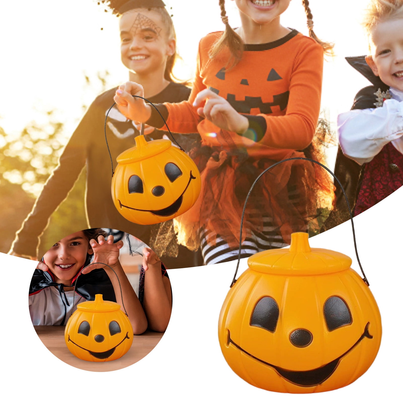 Halloween Trick or Treat Pumpkin Bucket - Orange Candy Pail with Handle ...