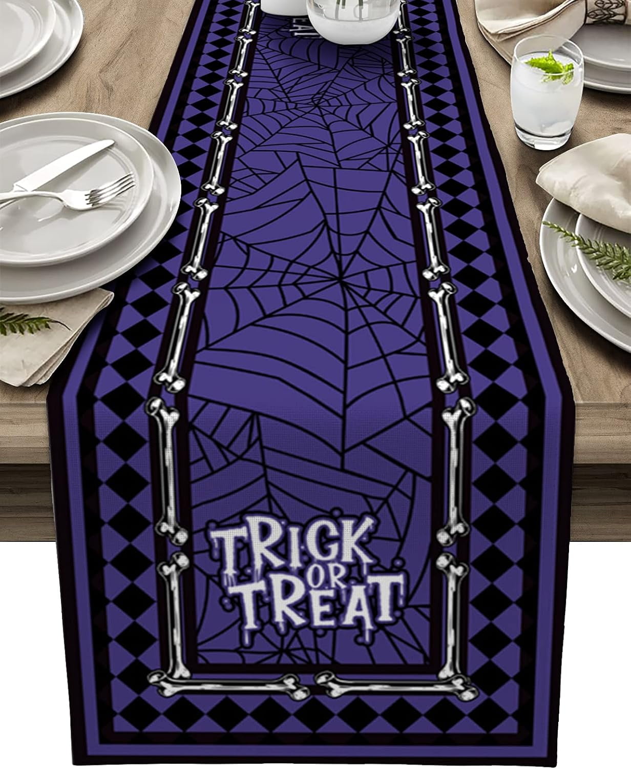 Halloween Trick or Treating Skeleton B Web Linen table runners home decor washable Kitchen ...