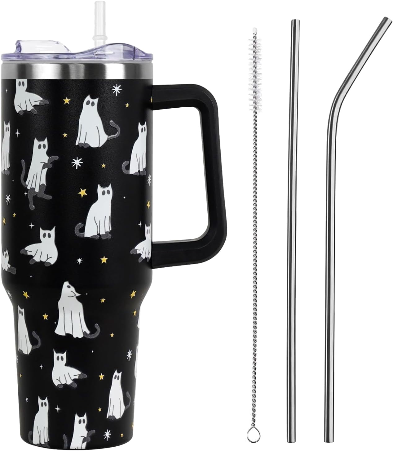 40oz Halloween Tumbler with Lid & Straw - Black Cute Ghost Cat Design ...