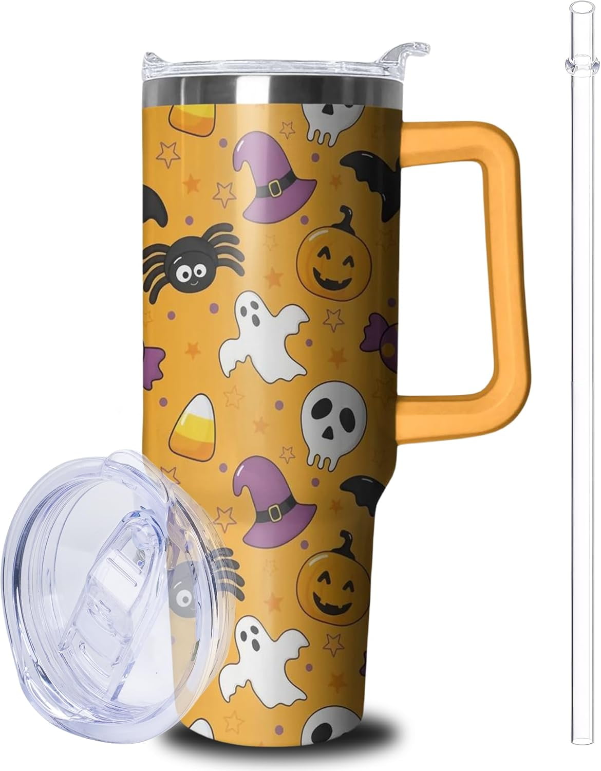 Halloween Tumbler With Lid And Straw 40oz Orange Halloween Black Spooky ...