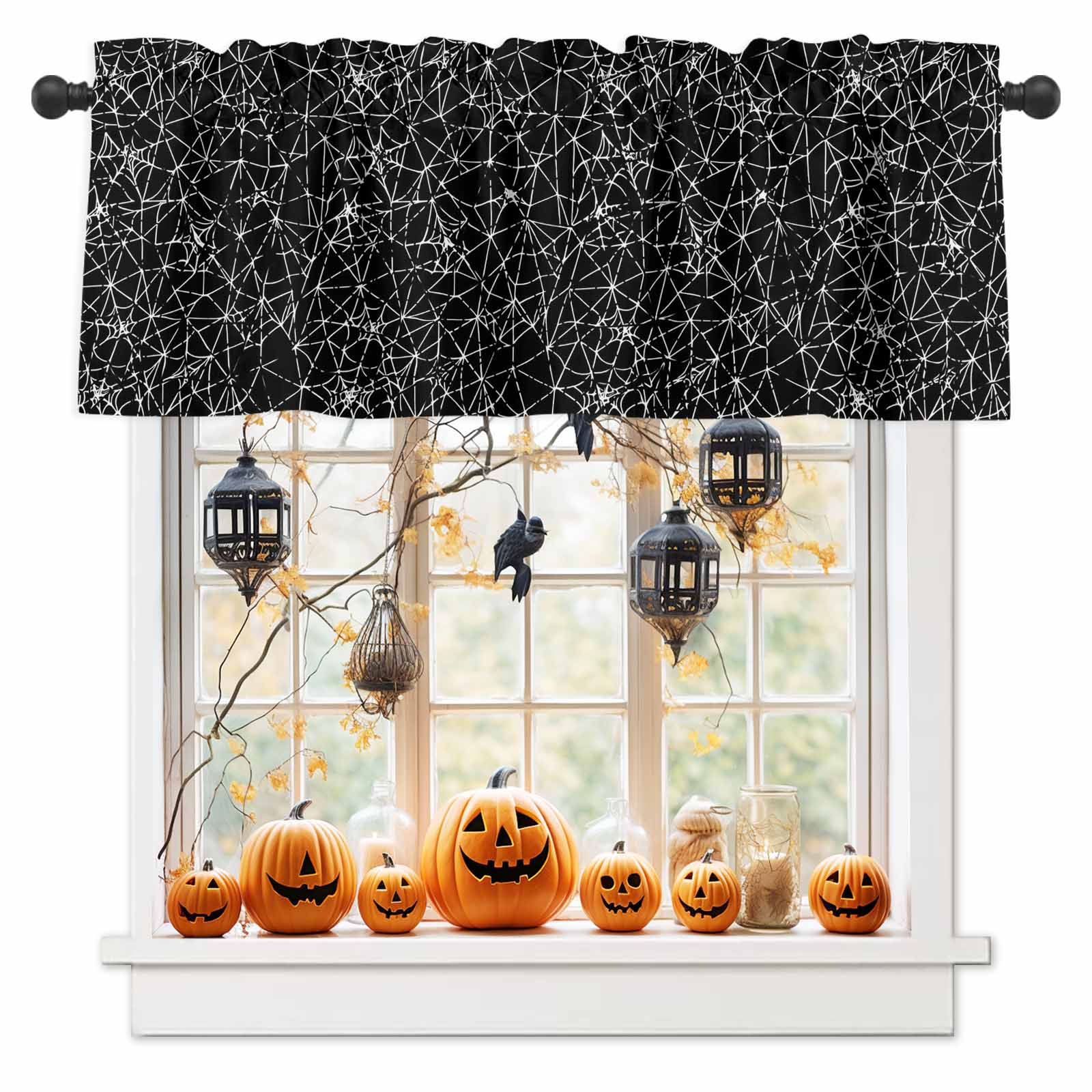 Halloween Valances for Windows Black Cobweb Window Curtain Rod Pocket ...