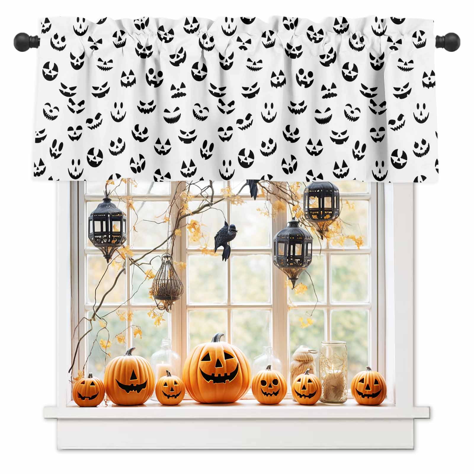 Halloween Valances for Windows Cute White Pumpkin Monster Window ...