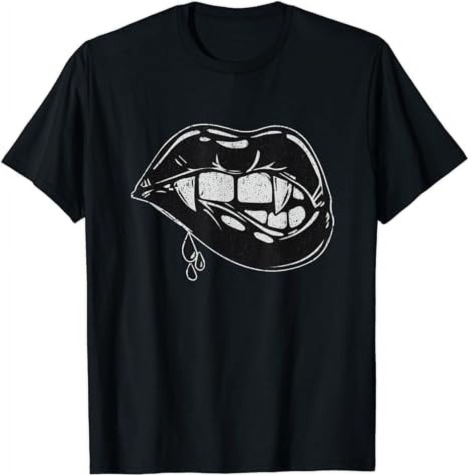 Halloween Vampire Fangs Tee Shirt Female Lips Blood T-Shirt - Walmart.com