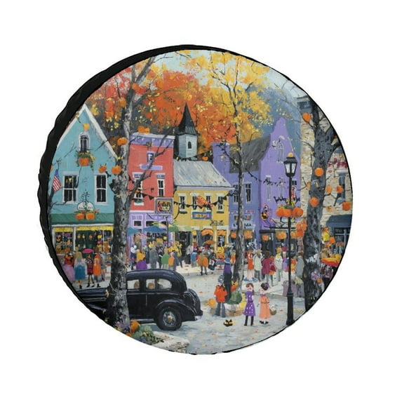Halloween Vibrant Street Scene Camping Spare Tire Cover Rustic ...