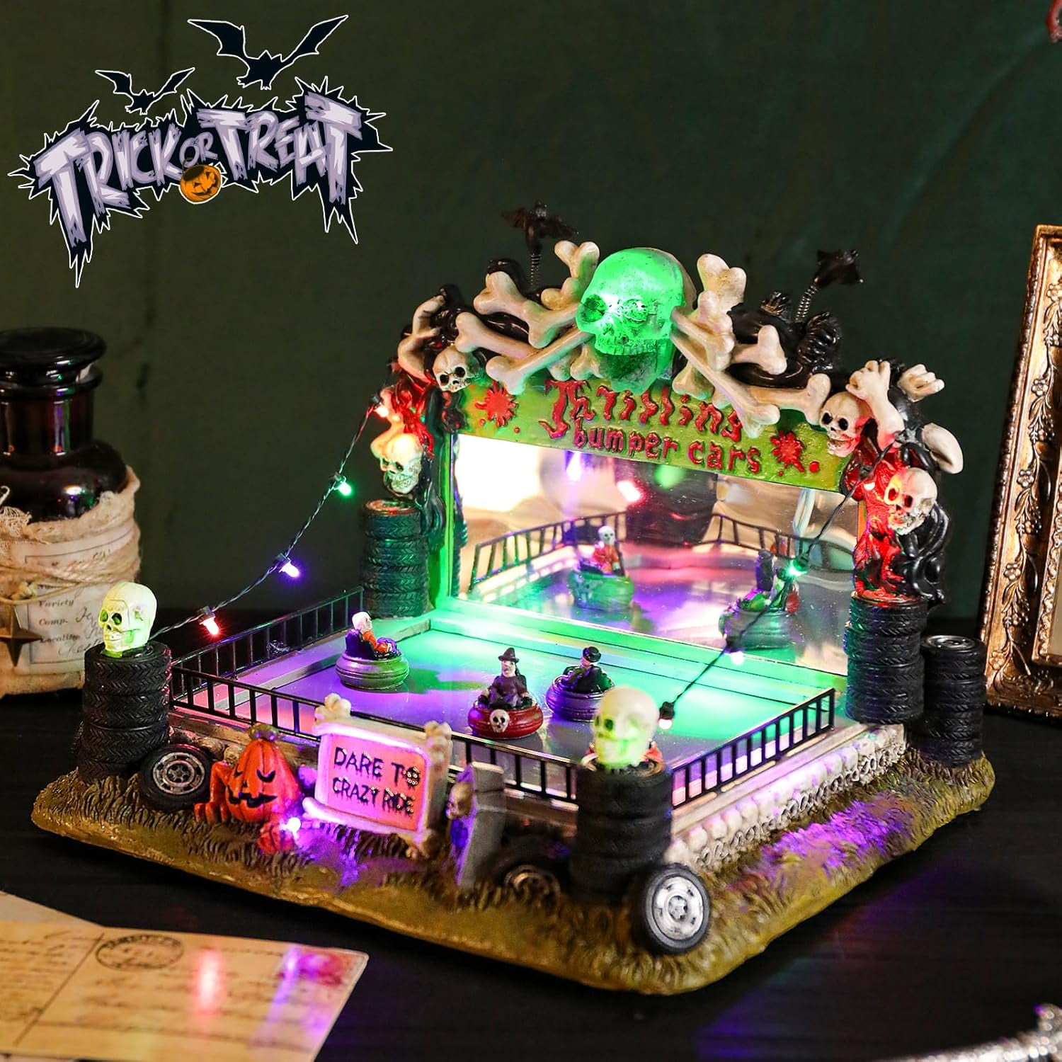 Halloween Village Bumper Car Figurine with Skeletons Ghost Pumpkin for ...