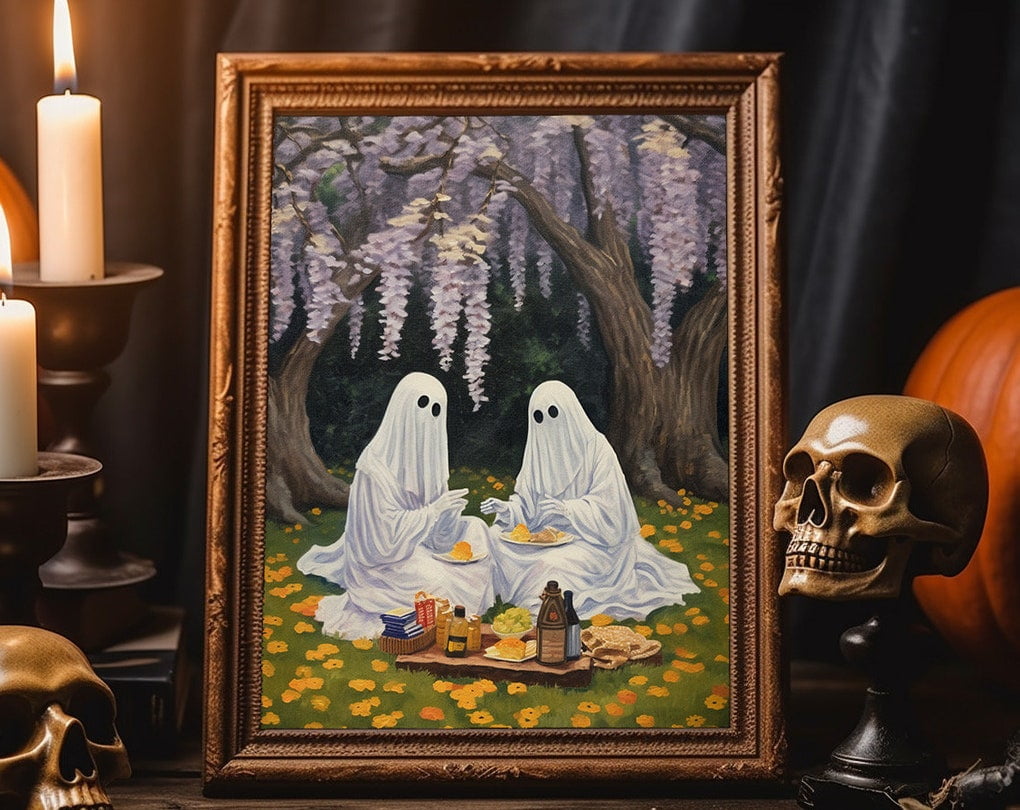 Halloween Vintage Ghosts Having A Picnic In Forest Art Print, Vintage ...