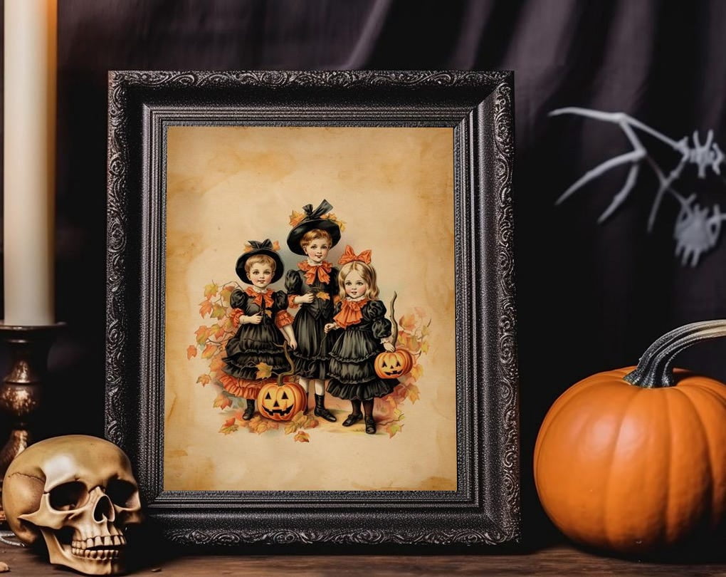 Halloween Vintage Three Victorian Sisters With Pumpkins Art Print ...