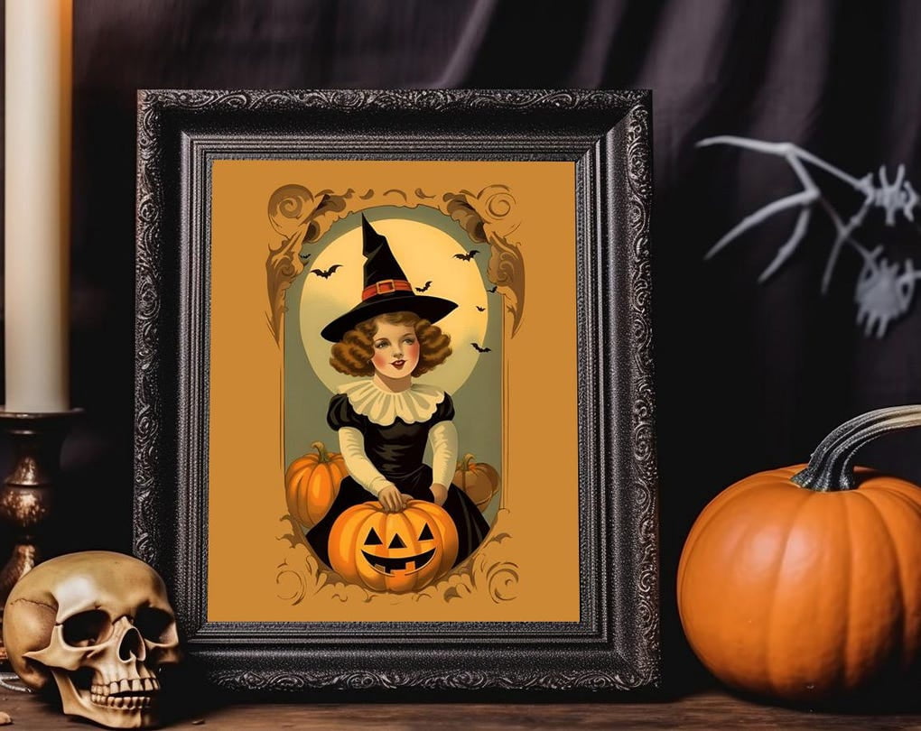 Halloween Vintage Witch With Pumpkin Singing In The Moonlight Art Print ...