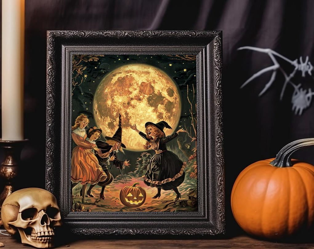 Halloween Vintage Witches Dancing Around A Pumpkin In The Moonlight Art ...