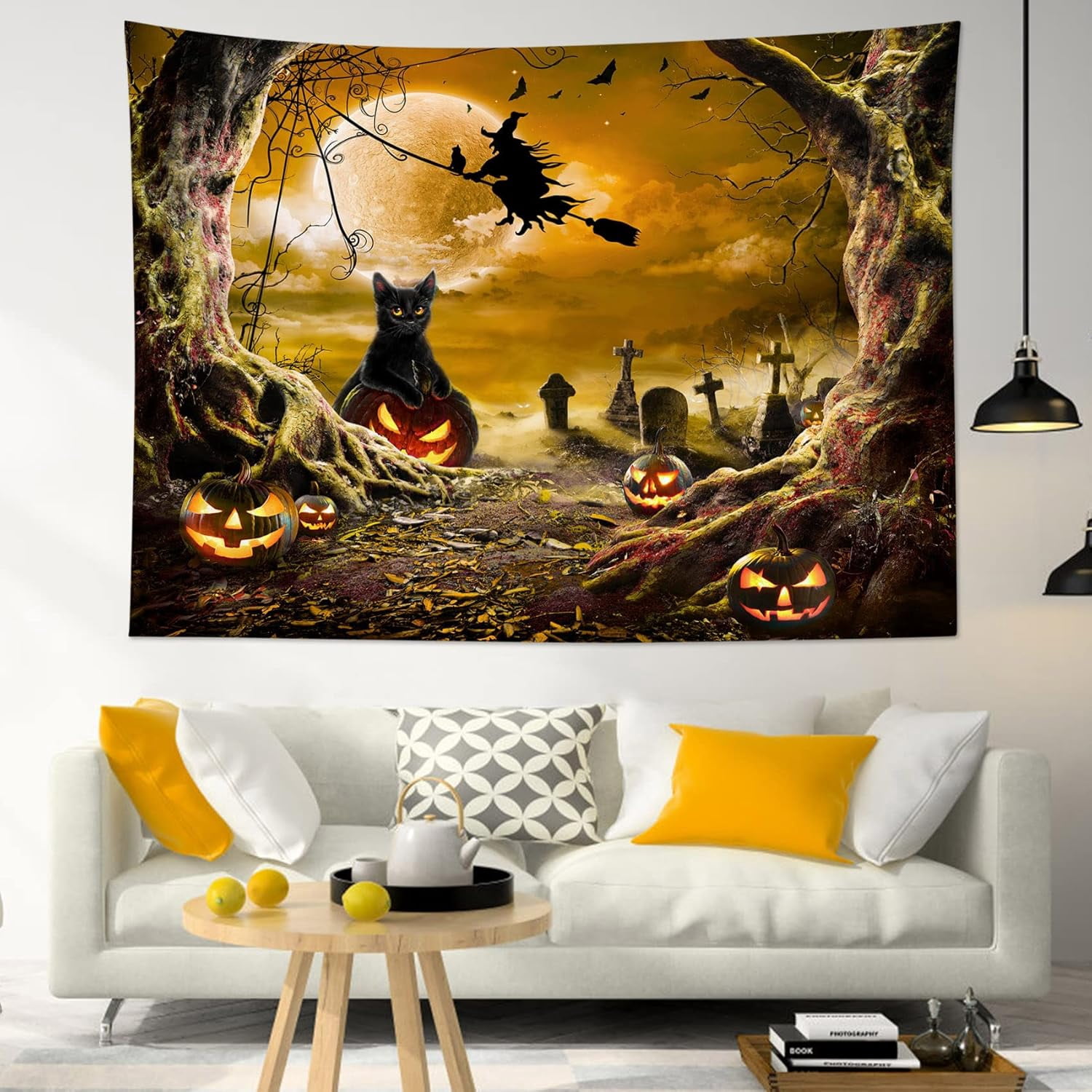 Halloween Wall Tapestry Horror Witch Cat and Dead Tree Pumpkin Lights ...