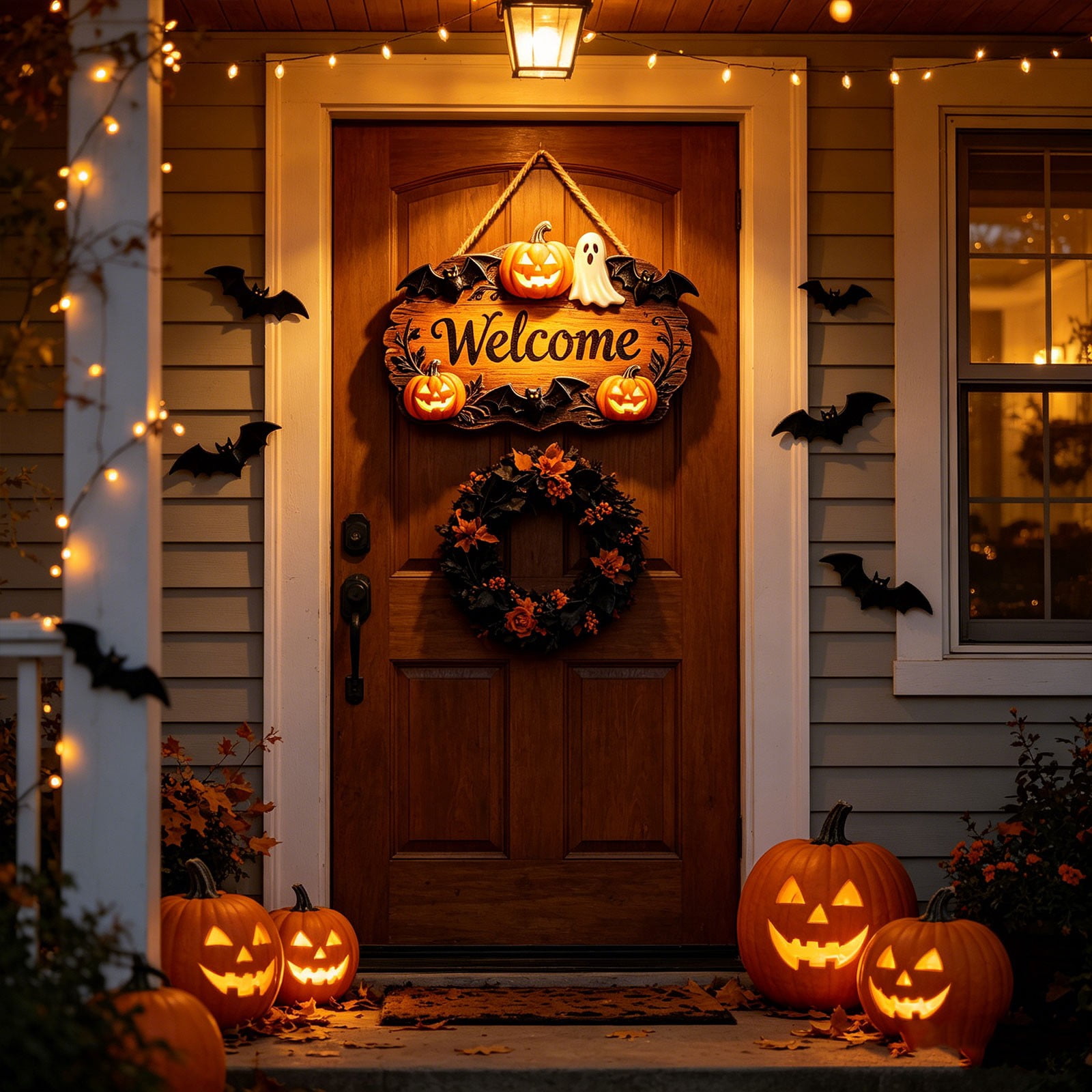Halloween Welcome Door Sign Light Up Farmhouse Glowing Pumpkin Ghost ...