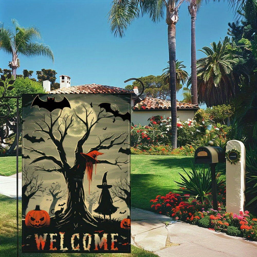 Halloween Welcome Garden Flag - Double-Sided, Durable Linen with Witch ...