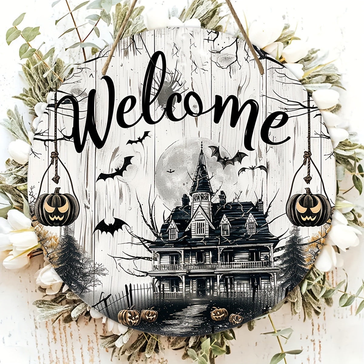 Halloween Welcome Sign - 20" Wooden Circular Door Hanger with Pumpkin ...