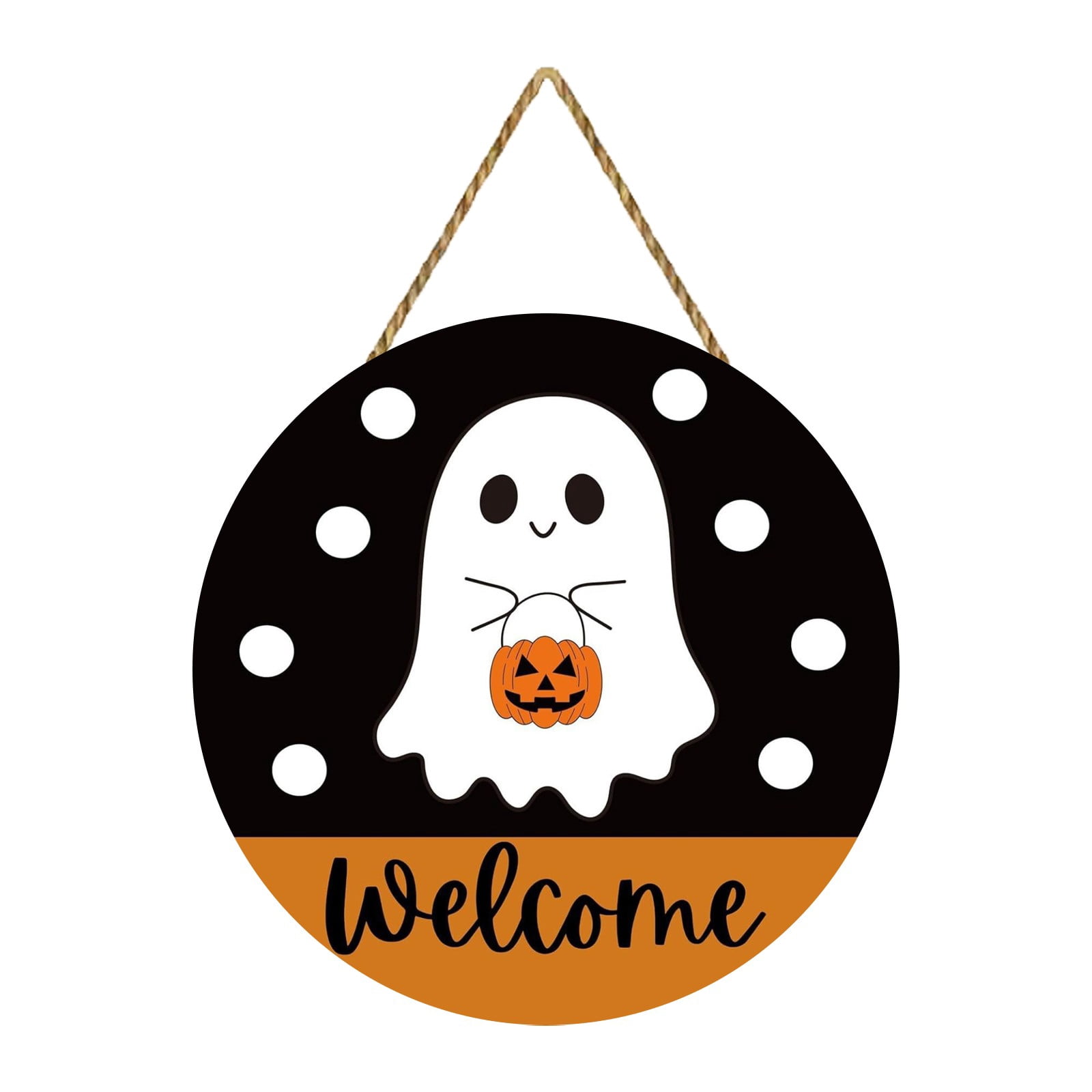 Halloween Welcome Sign for Front Door - 8" Round Wooden Ghost Pumpkin ...