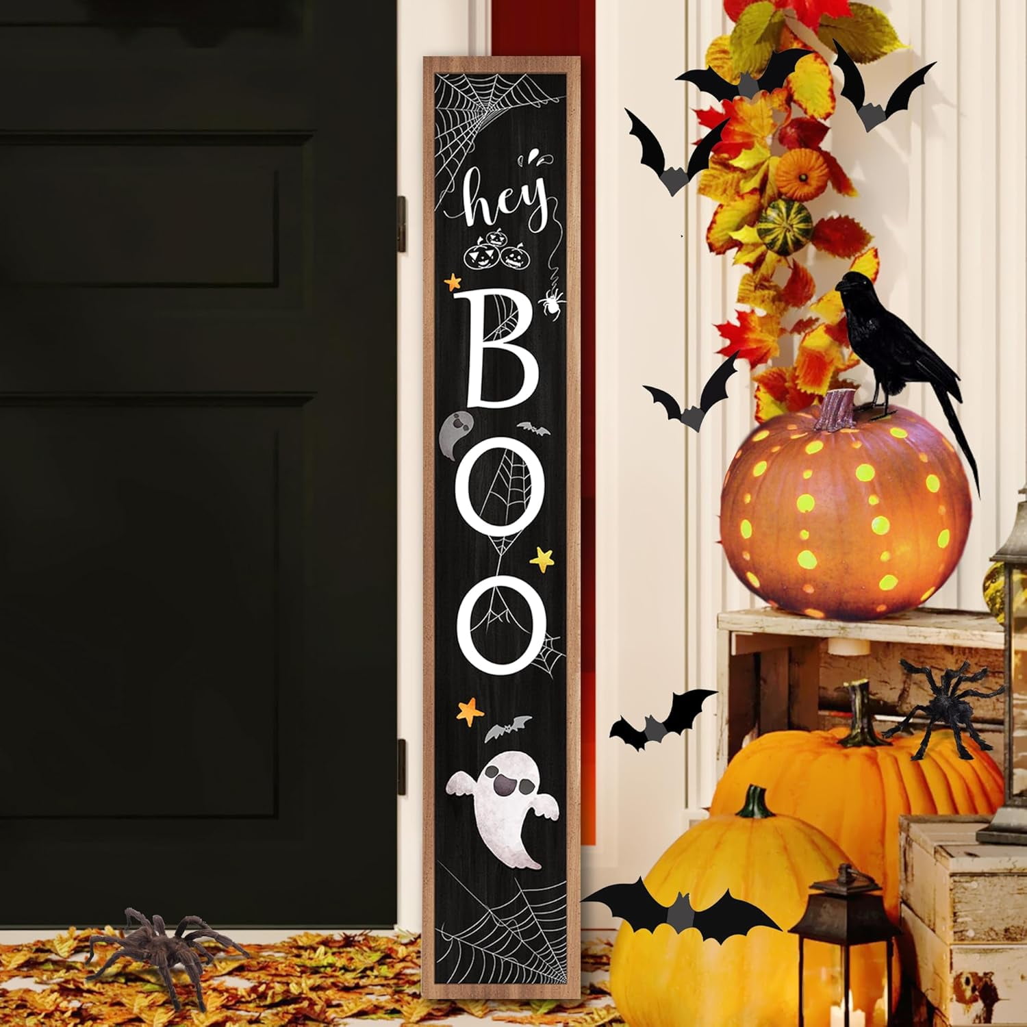 Halloween Welcome Sign for Front Porch Standing, BOO Wooden Porch Sign ...
