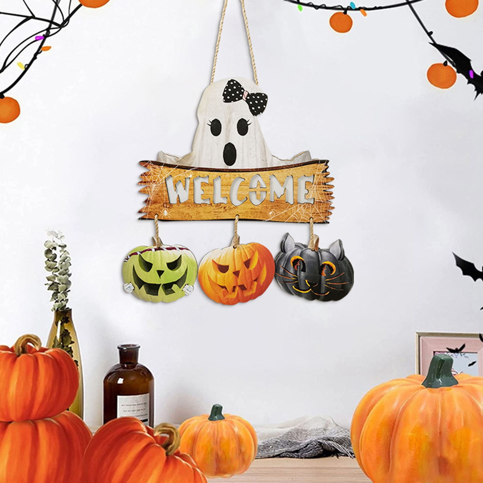 Halloween Welcome Sign With Led Light Wooden Pumpkin Ghost Design ...