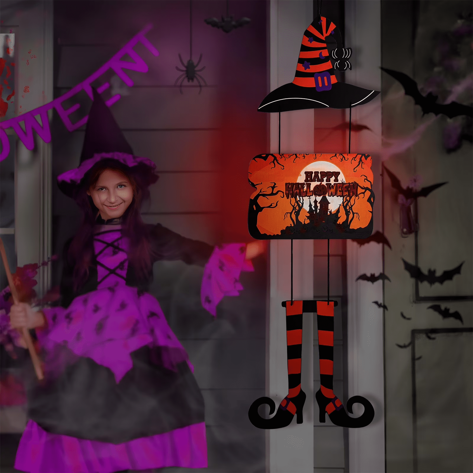 Halloween Welcome Sign with Witch Boots & Hat - Rustic Wooden Hanging ...