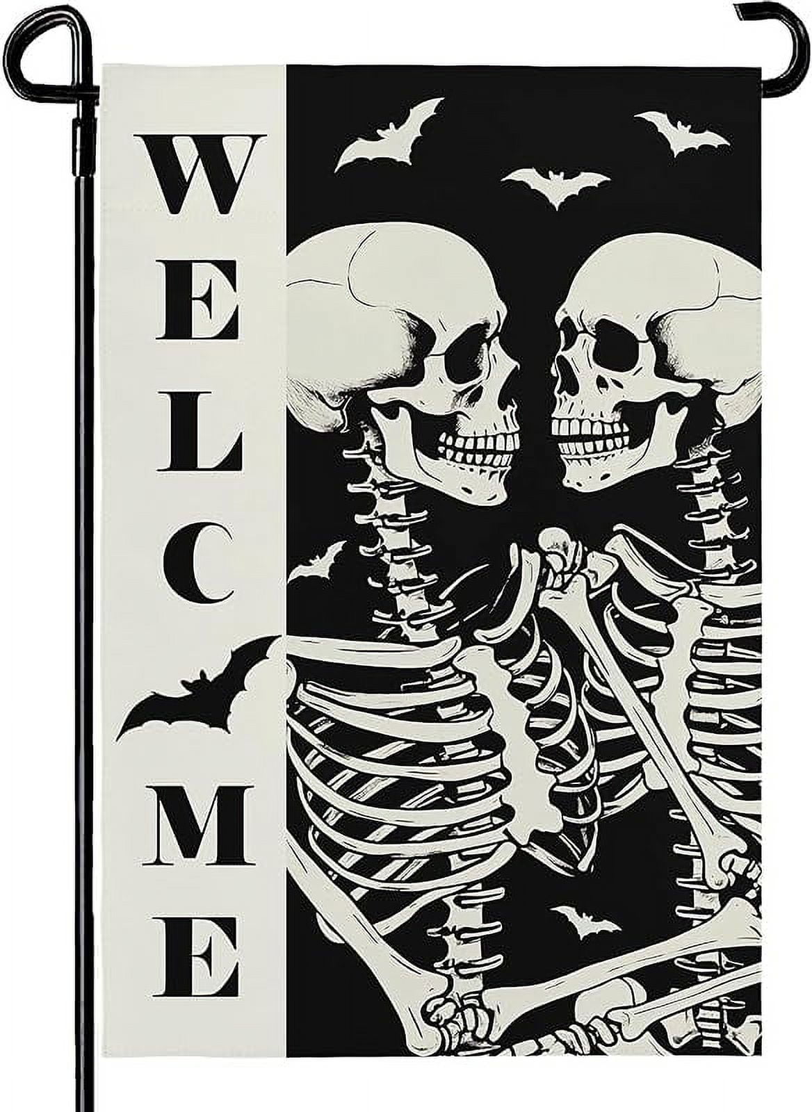 Halloween Welcome Skull Garden Flag Spooky Skeletons Funny Black White ...