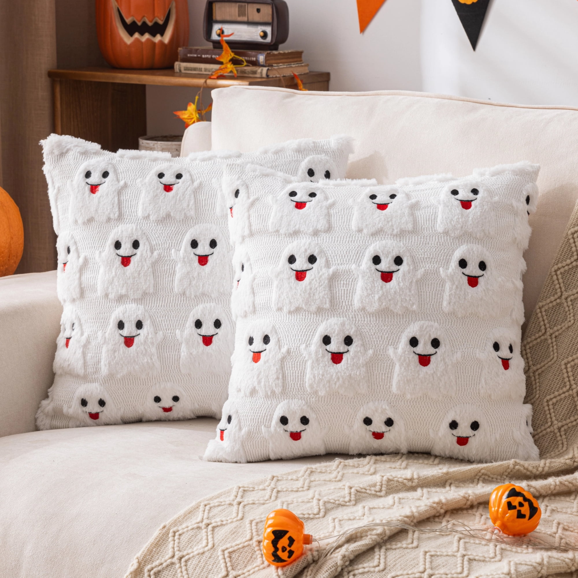 Halloween White Funny Ghost Throw Pillow Covers 18x18 inch Set of 2 ...