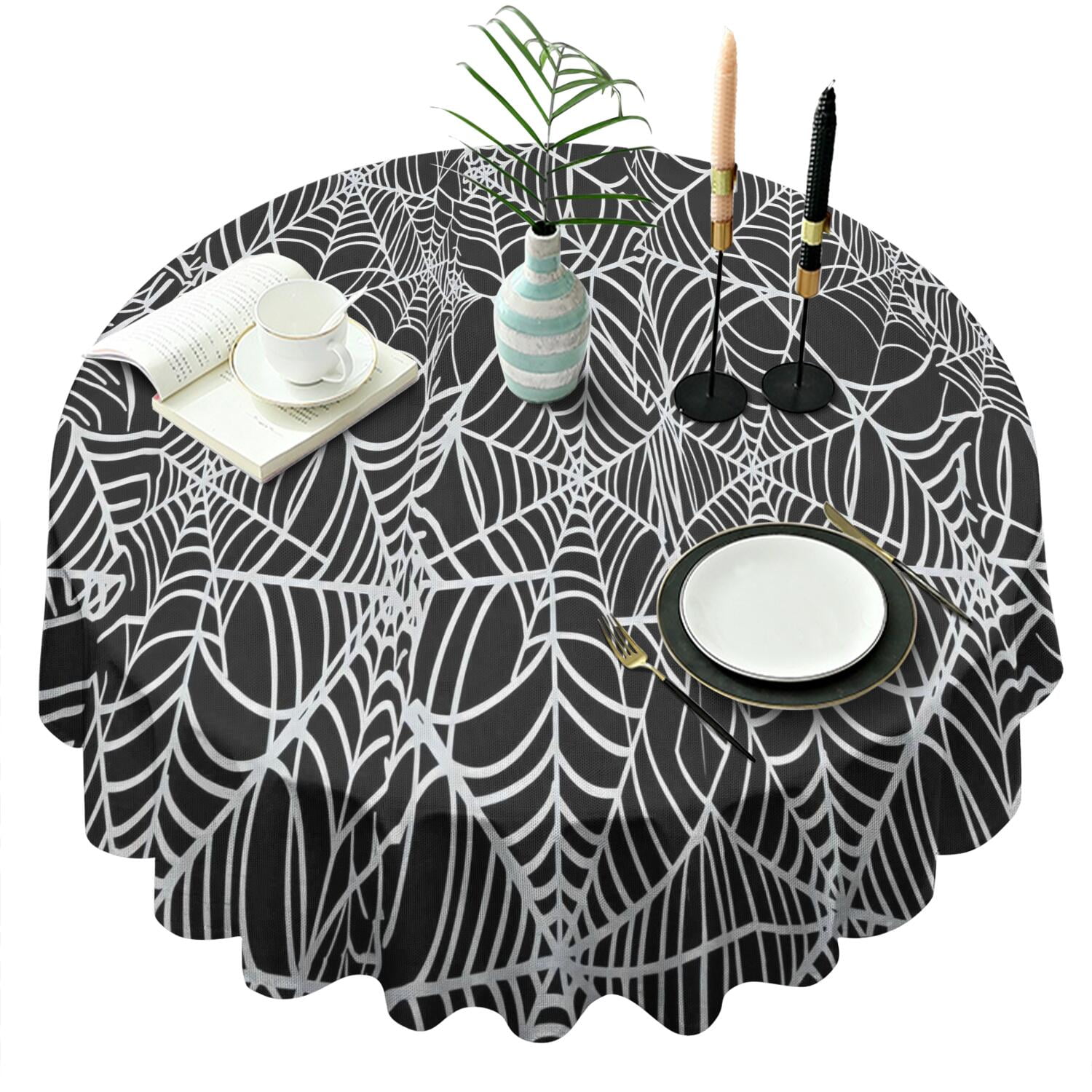 Halloween White Spider Web Pattern Round Tablecloth 60"x60",Wrinkle ...