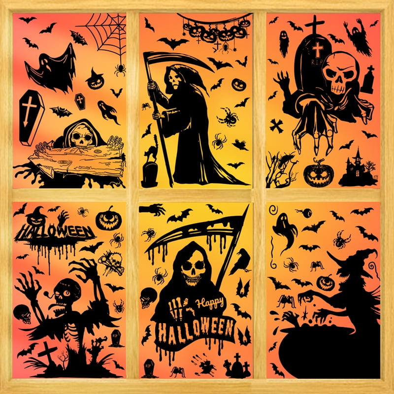 Halloween Window Clings - Black Grim Reaper, Skeleton, Ghost, and Bat ...