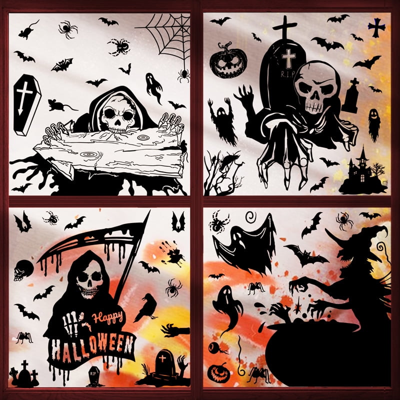 Halloween Window Clings - Black Grim Reaper, Skeleton, Ghost, and Bat ...