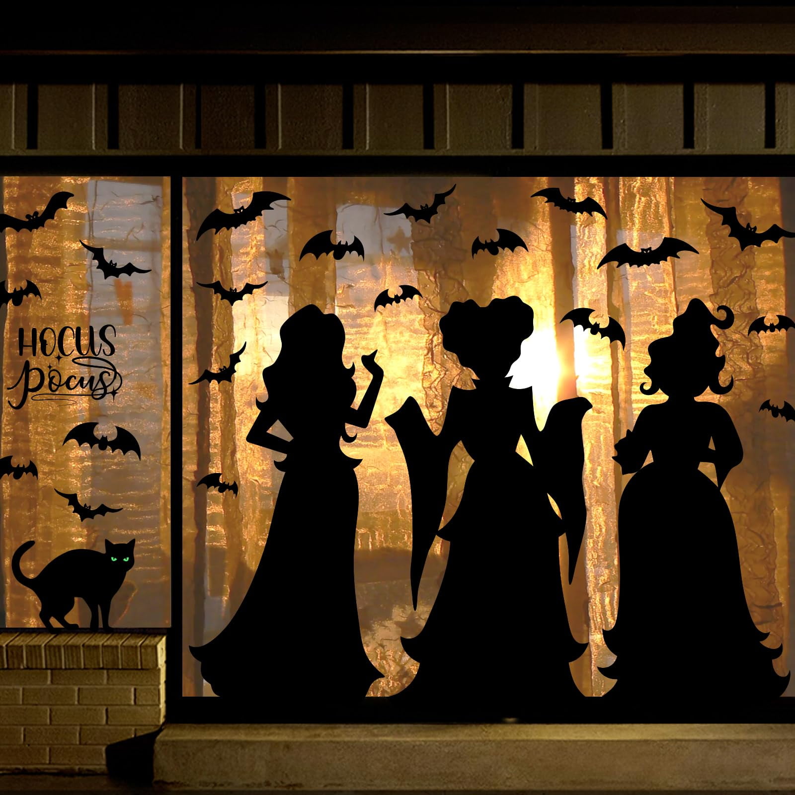Halloween Window Clings Set: 3 Extra Large Witch, Black Cat, Bat ...