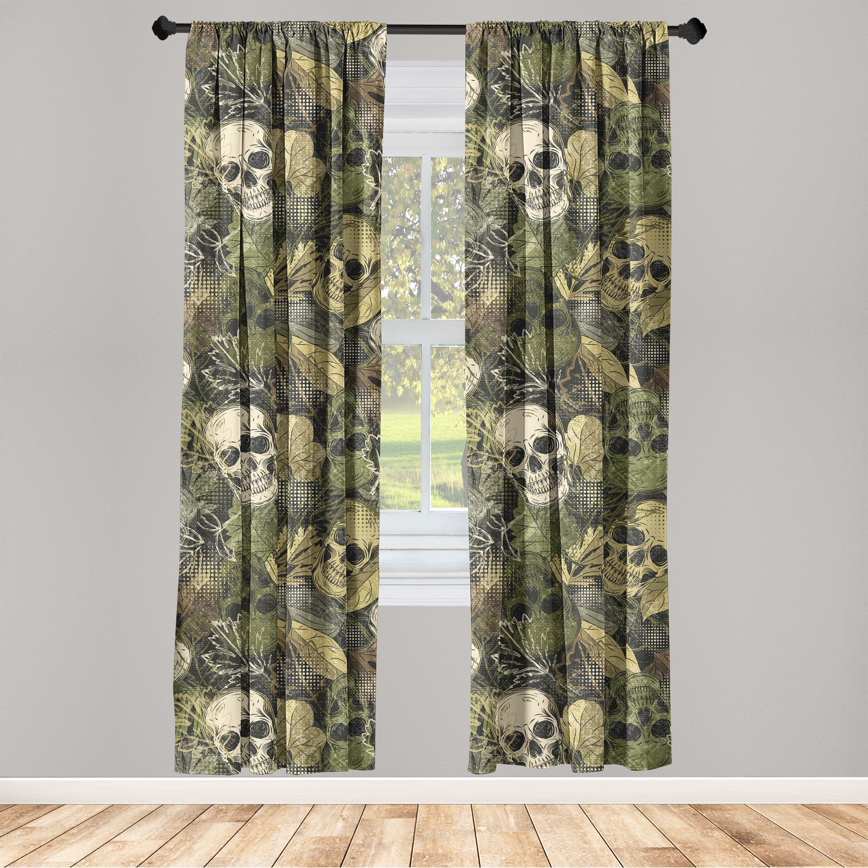 Halloween Window Curtains, Sketch Style Exotic Skull Pattern With ...