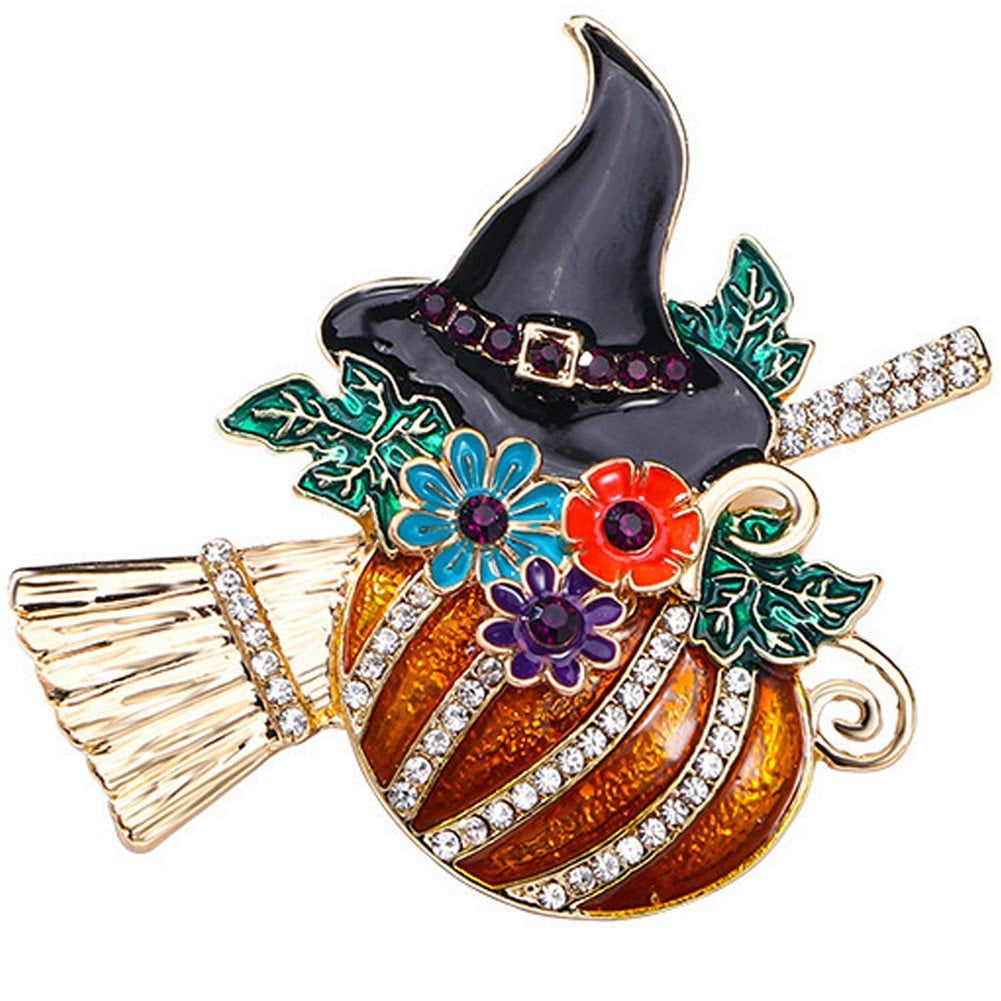 Halloween Witch Brooch Pins, Funny Rhinestone Witch Hat Flower Pin ...