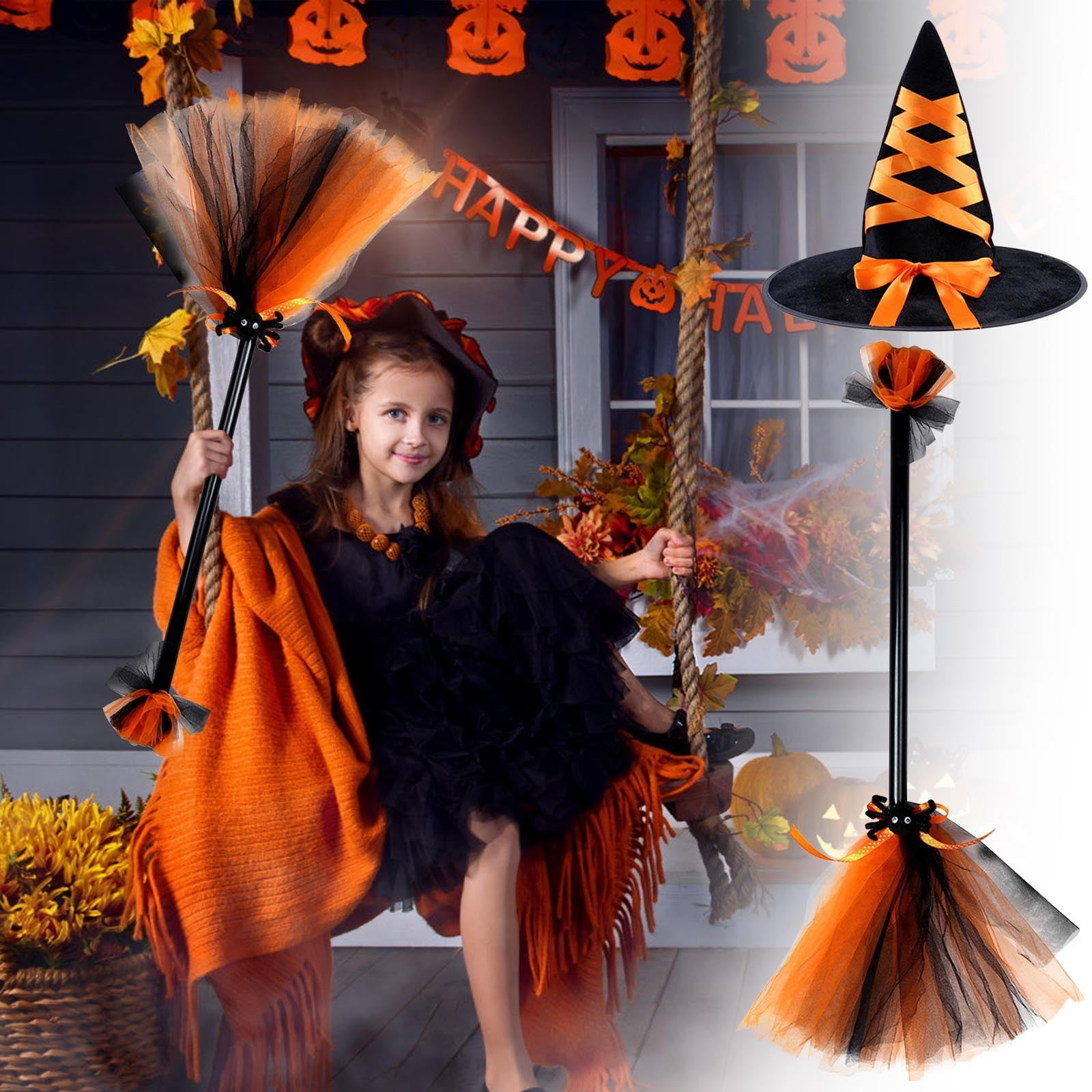 Halloween Witch Broom with Hat Detachable Cosplay Costume Prop Kids ...