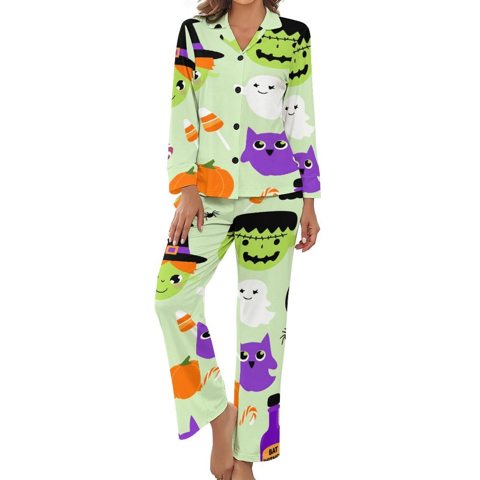 Halloween Witch Candy Bat Cat Pumpkin Ghost Pajamas Woman Vintage ...