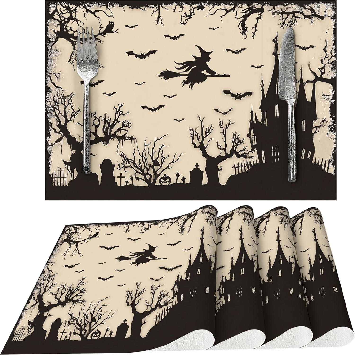Halloween Witch Castle Placemats Set of 4 Washable Table Place Mats for ...