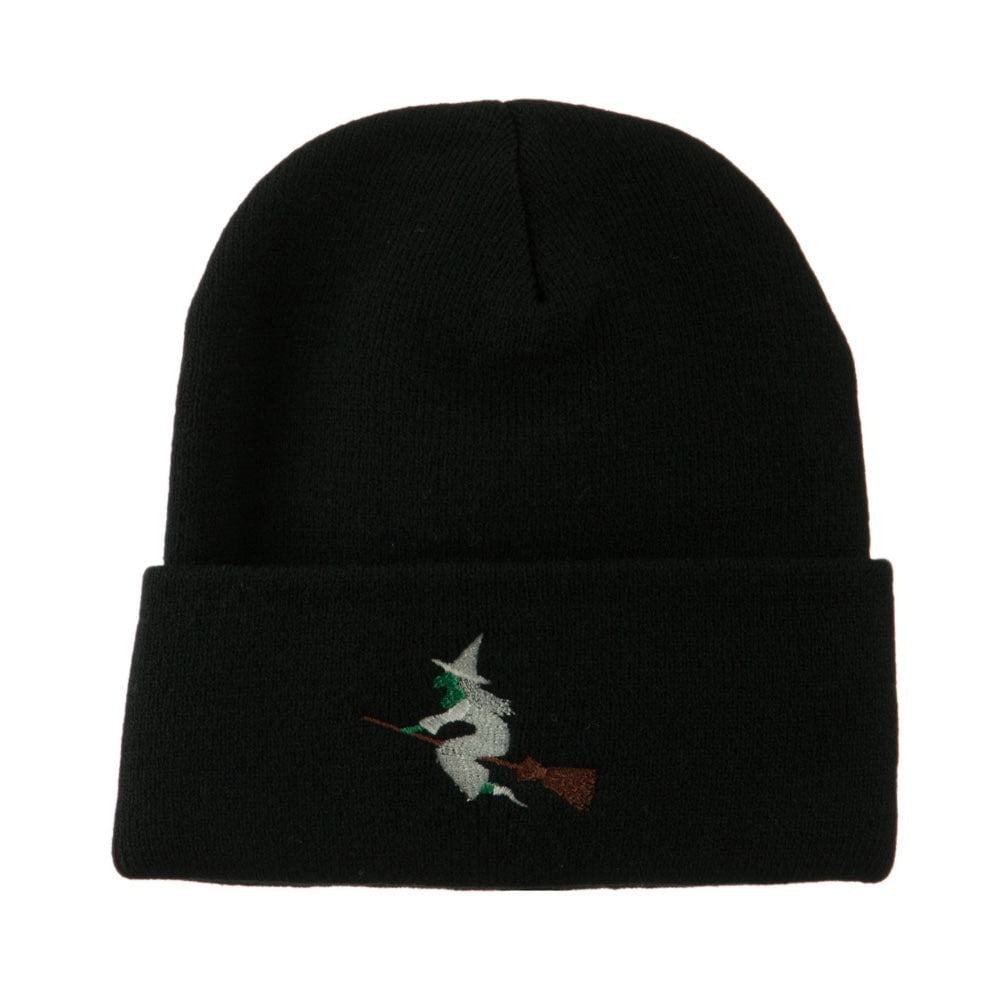 Halloween Witch Flying on a Broom Stick Embroidered Long Beanie - Black ...