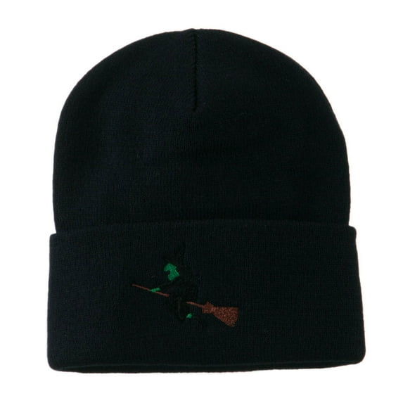 Halloween Witch Flying on a Broom Stick Embroidered Long Beanie - Navy ...
