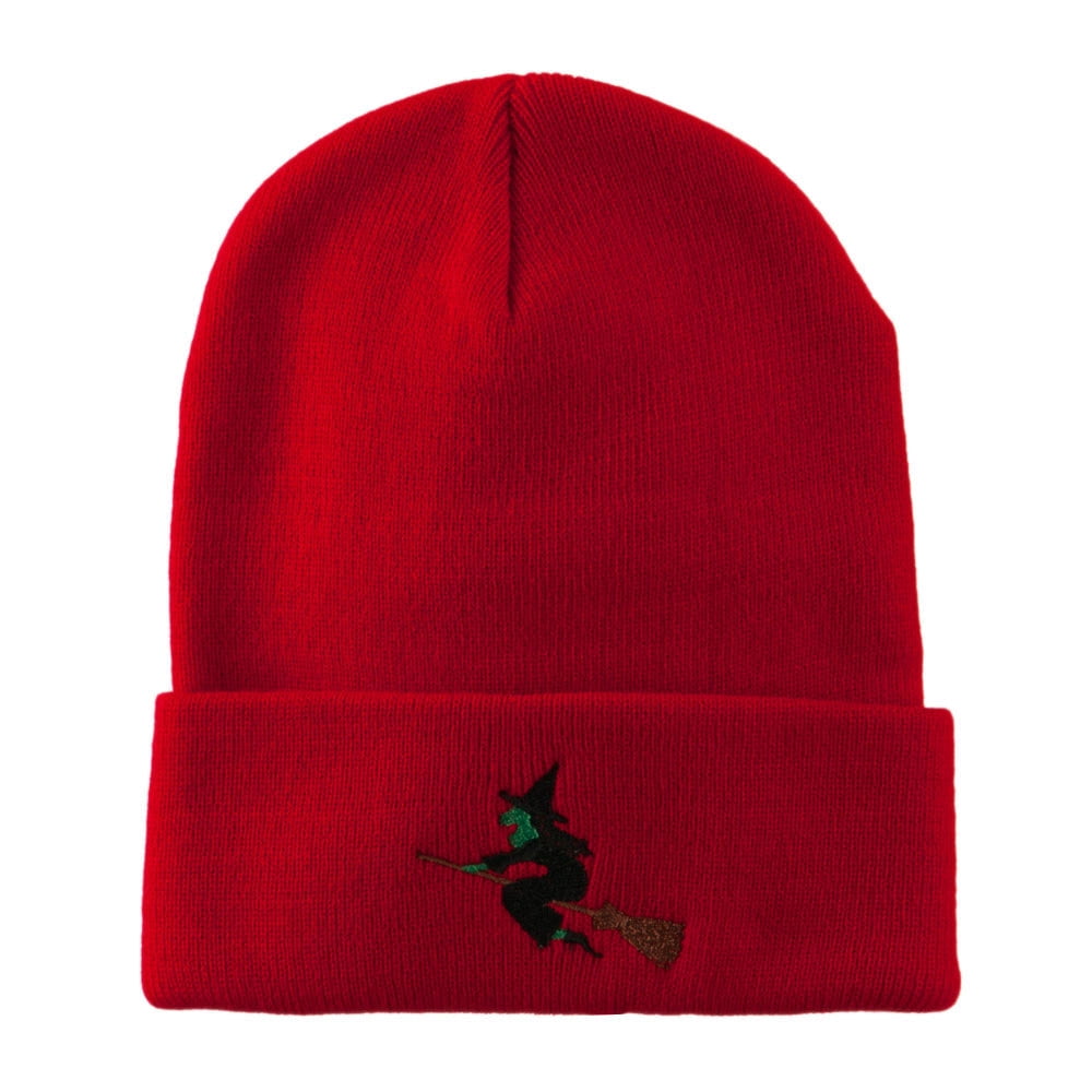Halloween Witch Flying on a Broom Stick Embroidered Long Beanie - Red ...
